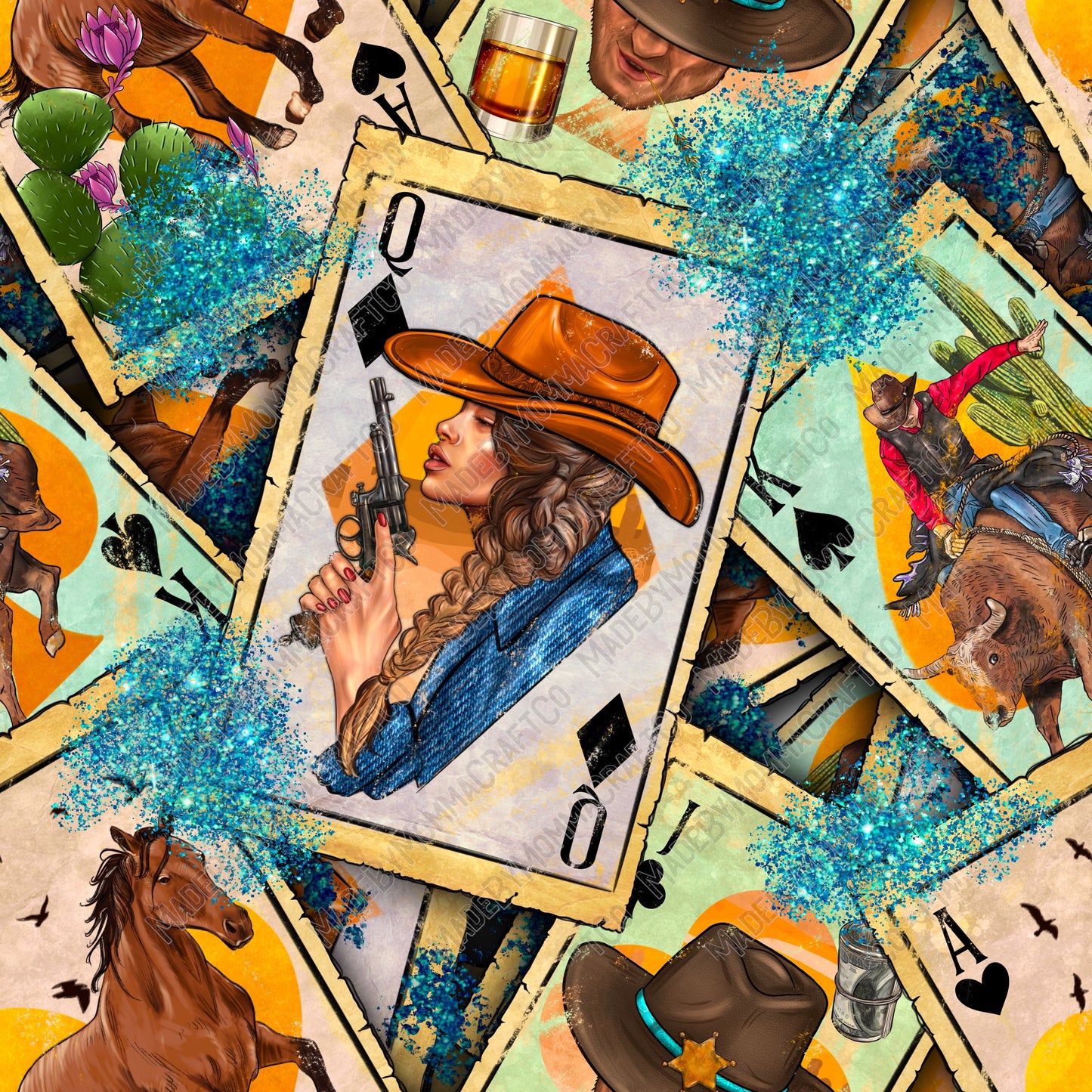 Western Rodeo Playing Cards And Turquoise - Vinyl Or Waterslide Seamle ...